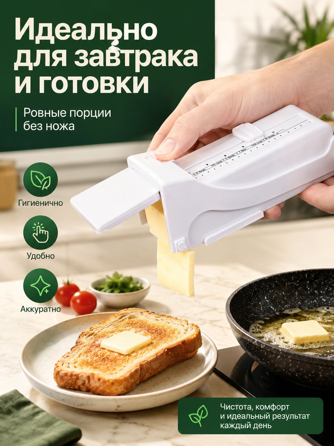 Ломтерезка для масла с регулируемой толщиной. Дозатор с шкалой, ручной, для ровных ломтиков, кухонный аксессуар