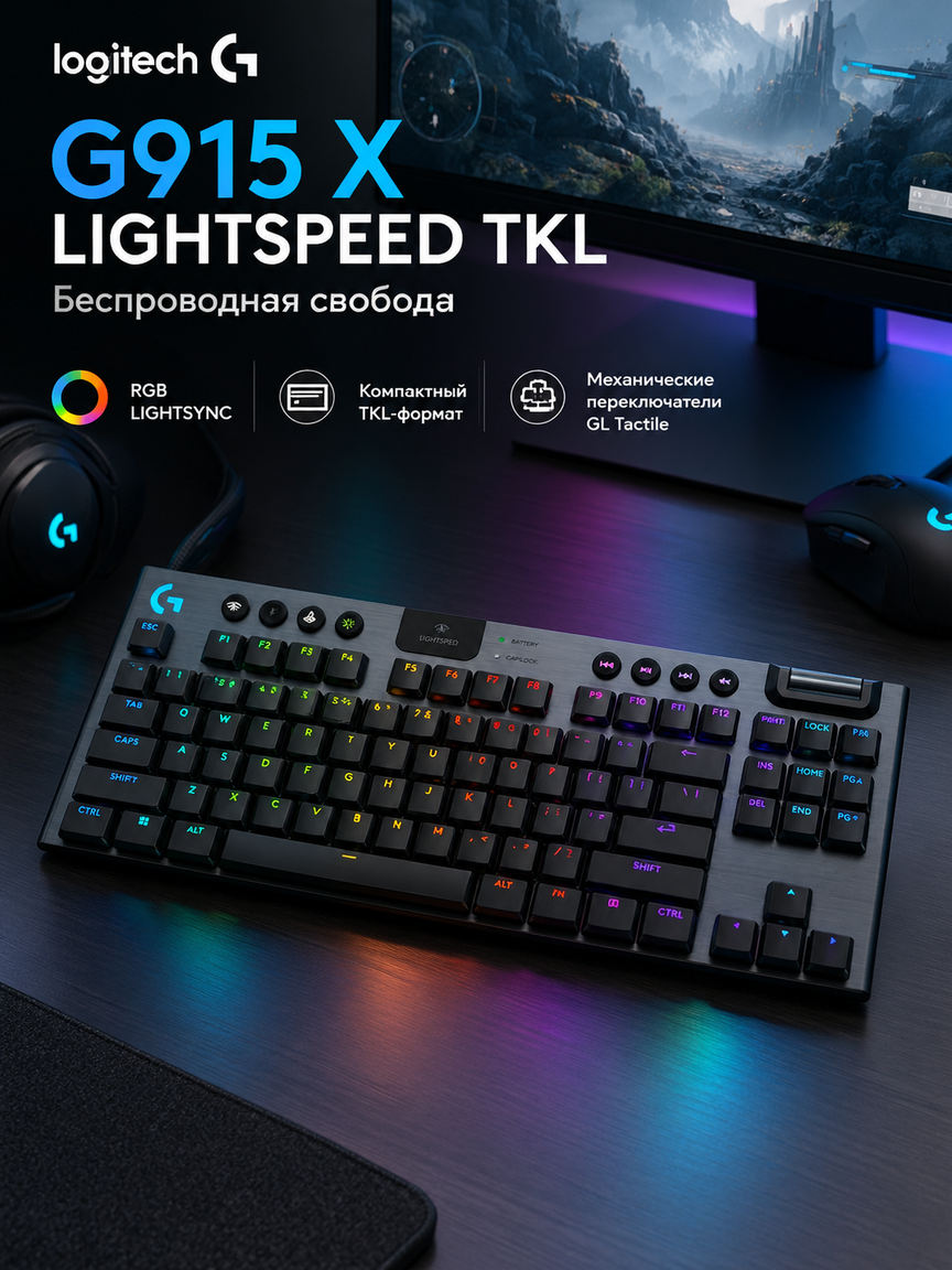 Беспроводная игровая механическая клавиатура G915 X LIGHTSPEED TKL с RGB-подсветкой для 18-Хансен