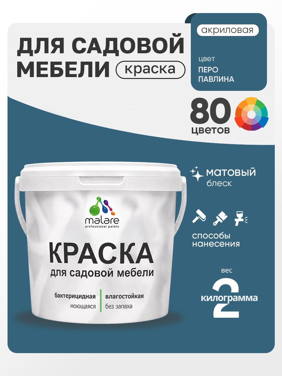 Акриловая краска Malare для садовой мебели/ по дереву, для наружных и внутренних работ/ быстросохнущая моющаяся без запаха матовая, перо павлина, 2 кг