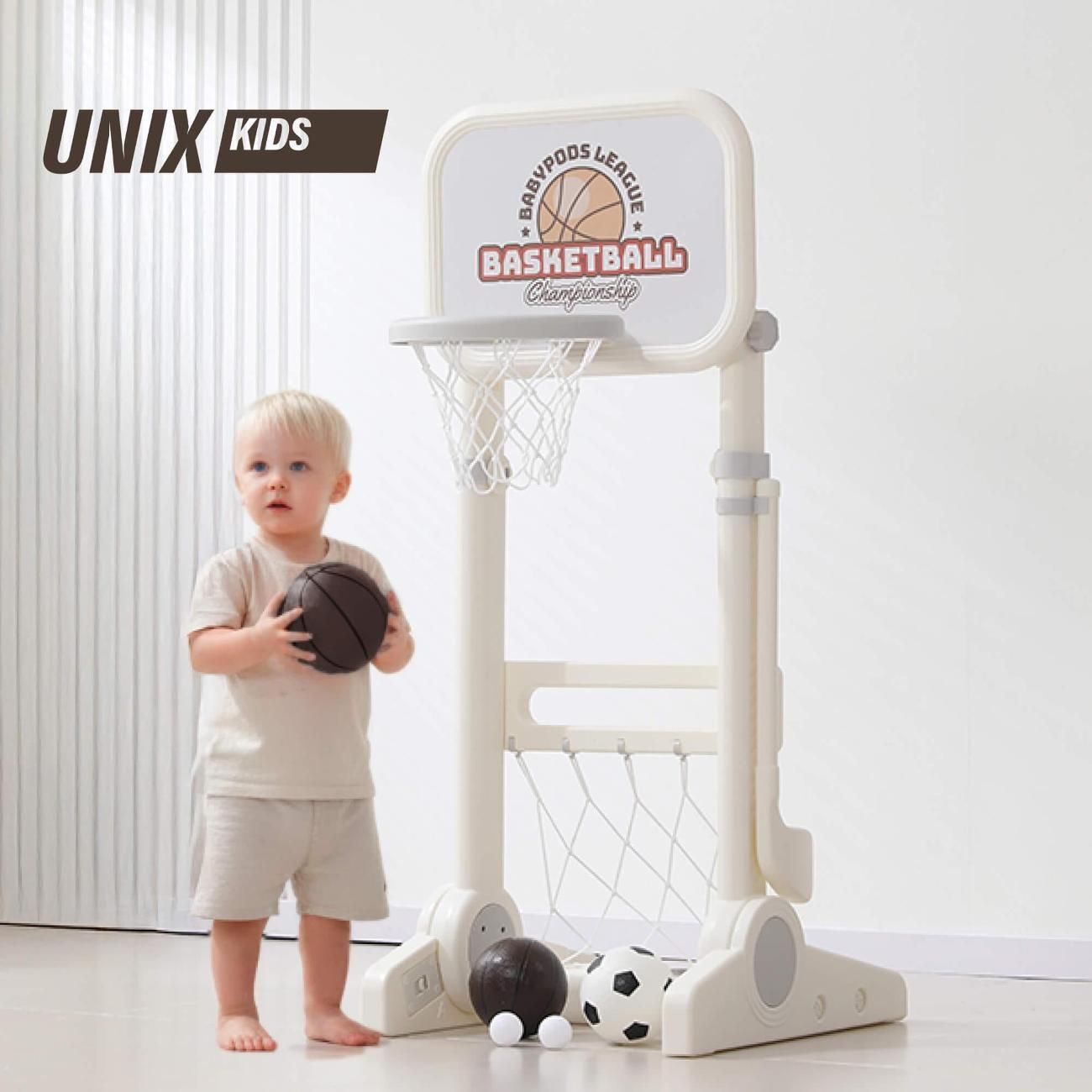 Баскетбольная стойка для детей UNIX Kids Чемпион / Champion (3 в 1), хоккей, футбол, баскетбол, детский игровой комплекс для дома и улицы, белый