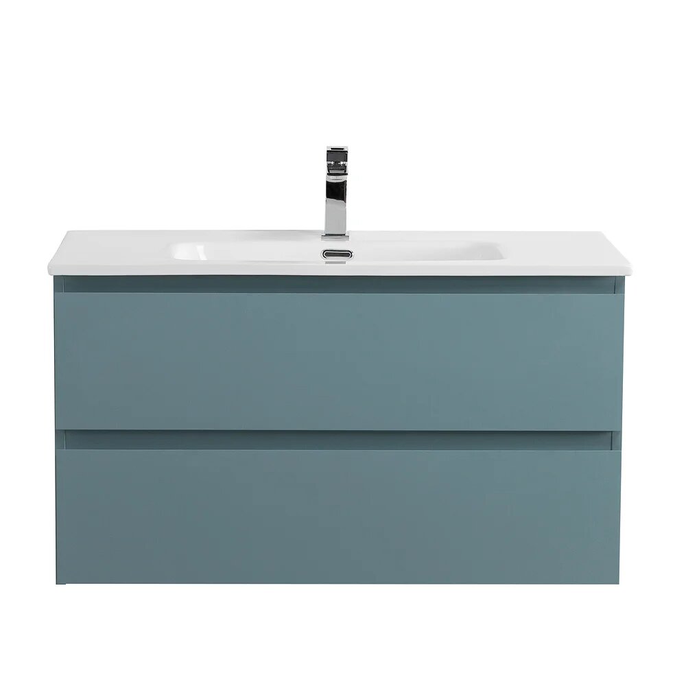 Тумба с раковиной BelBagno Kraft 90 подвесная, 91 см, голубая, матовая, из МДФ, с ящиками, раковина для ванной фарфоровая, прямоугольная, встроенный слив-перелив