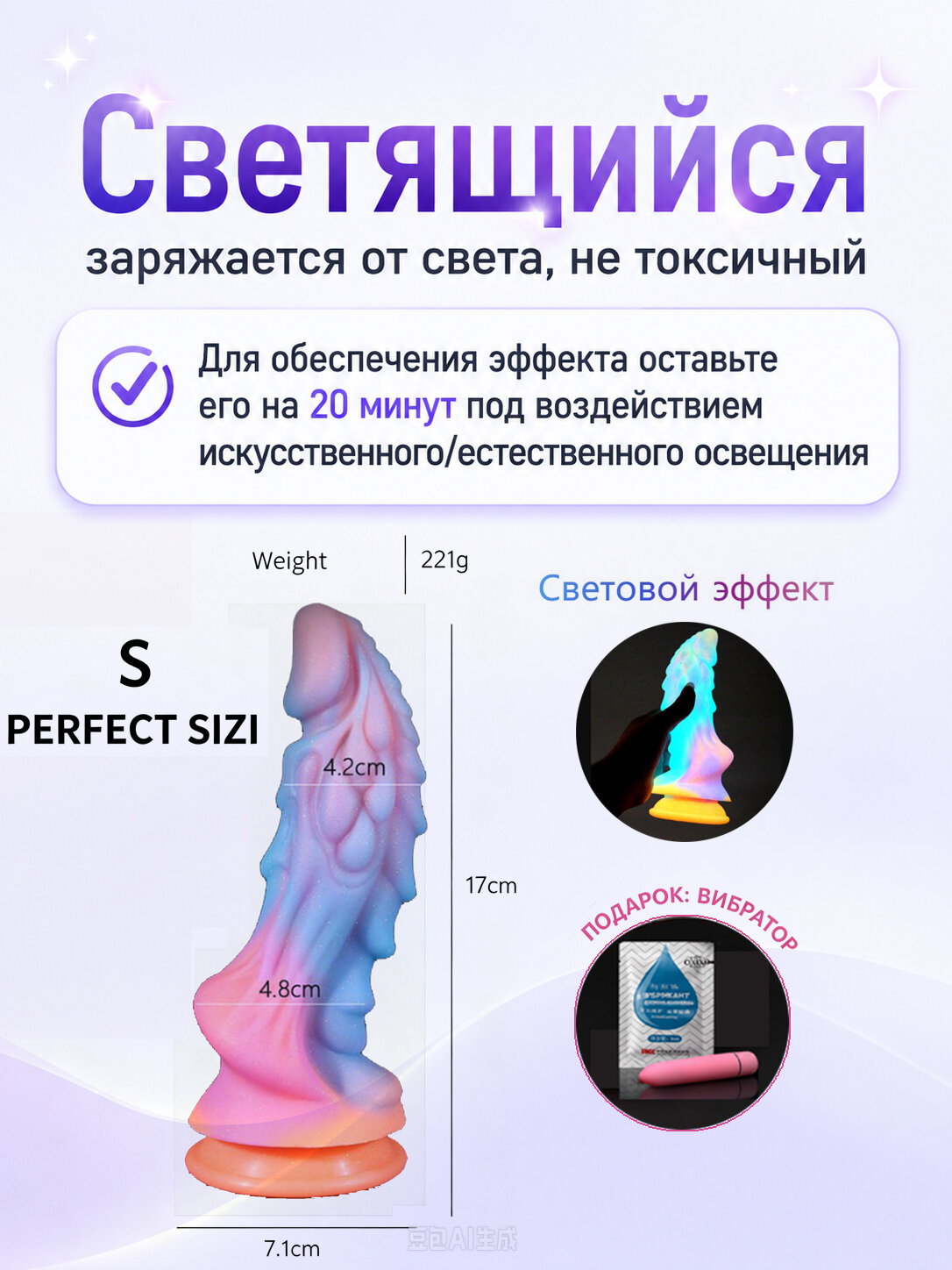 Фаллоимитатор из высококачественного гипоаллергенного силикона,17см, с эффектом свечения в темноте.