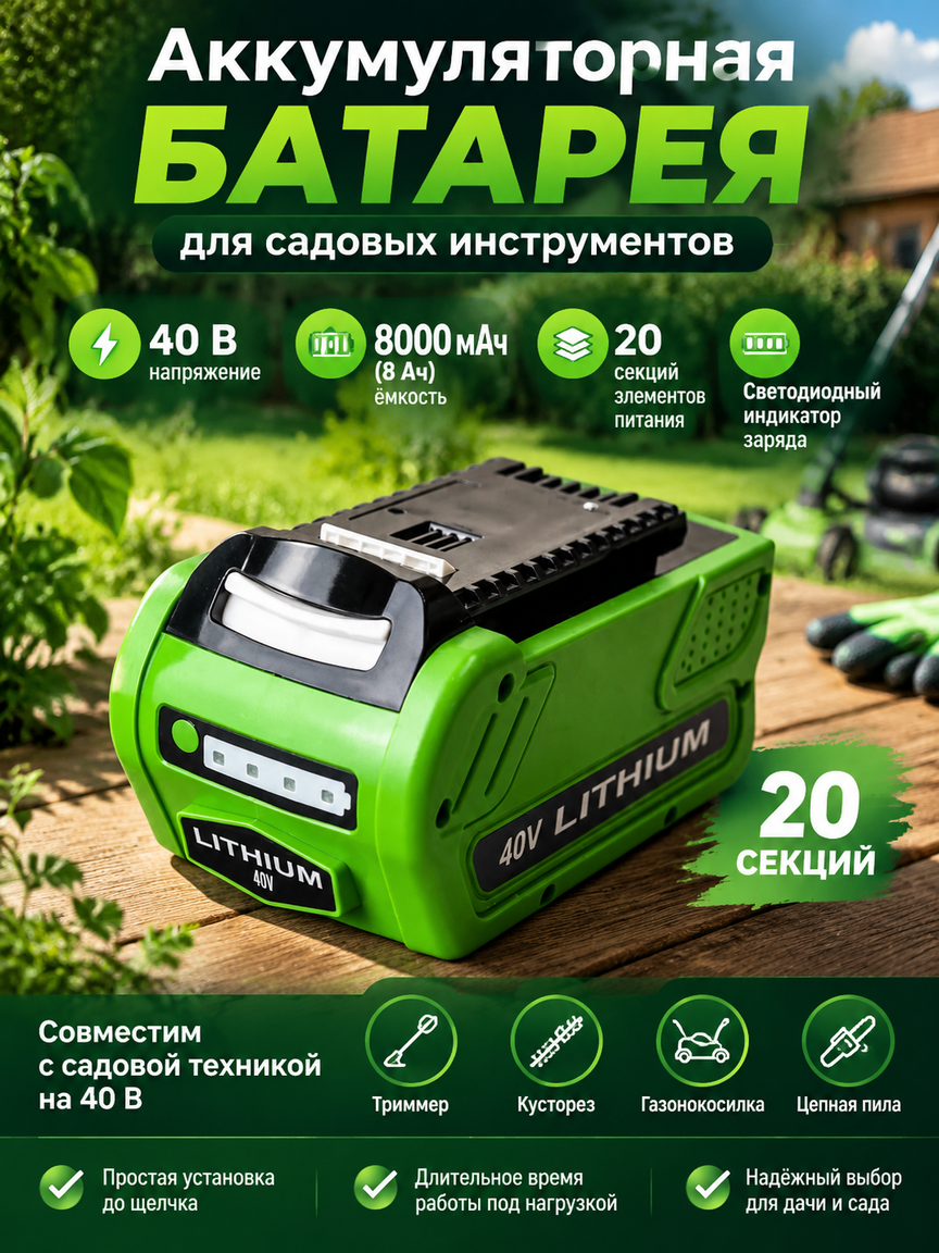 Батарея аккумуляторная 40 В 8000 мАч литий-ионная для садовых инструментов, 20 ячеек, индикация