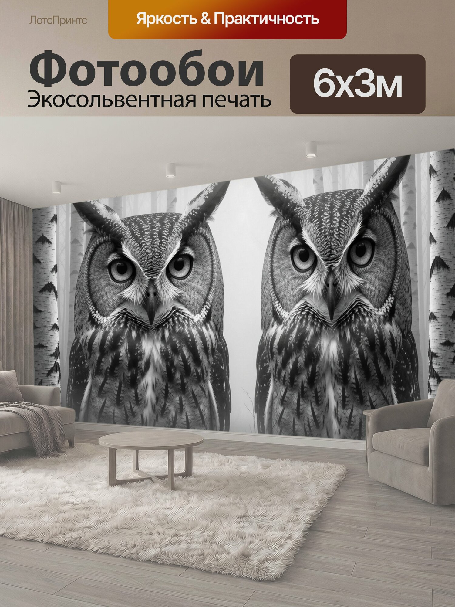 Фотообои "Две совы в туманном березовом лесу. Симметричная композиция с парой ушастых хищных птиц среди белоствольных деревьев; монохромная." 600x300 см. экосольвентная печать