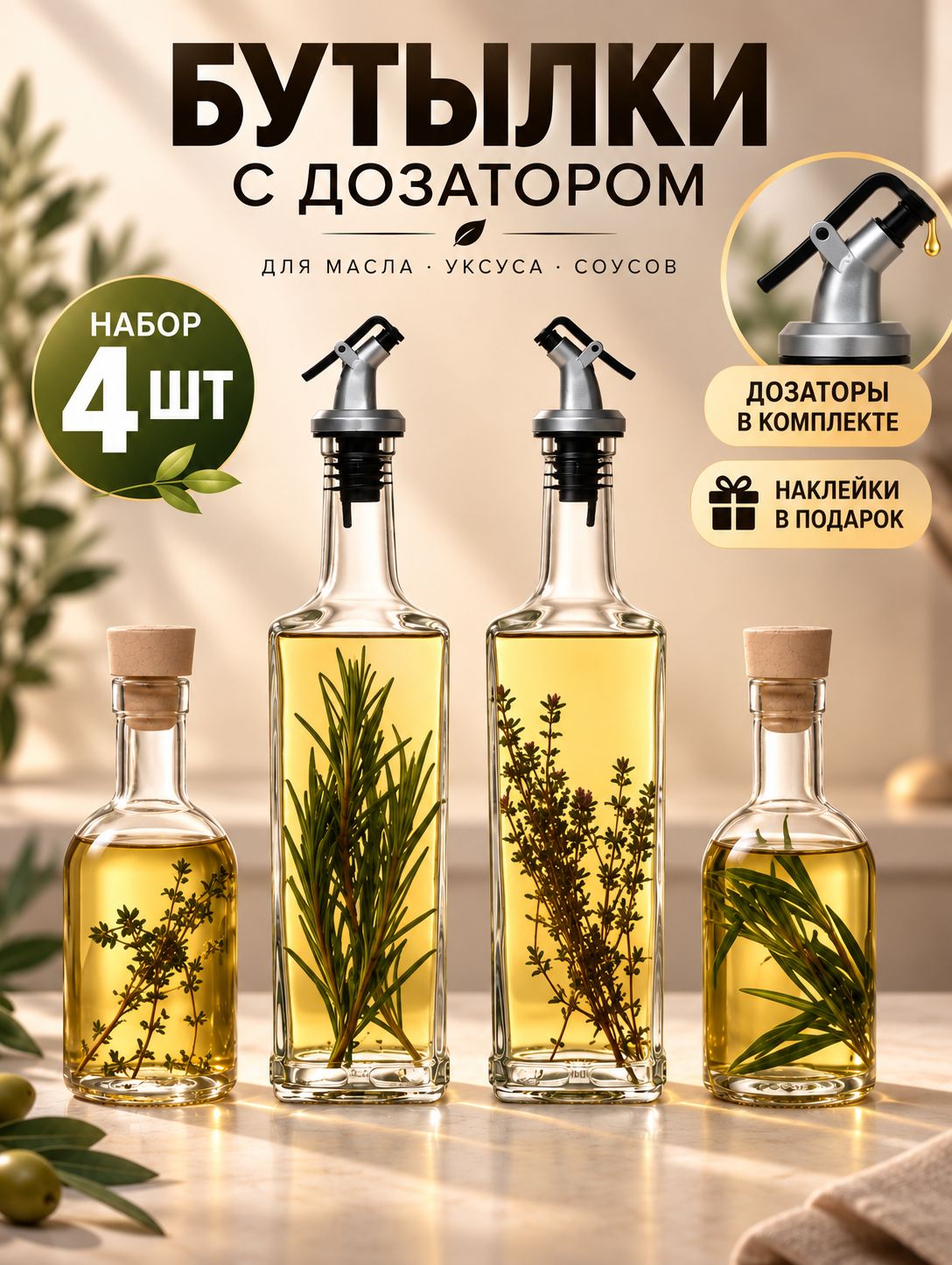 Domoteka Емкость для масла 200 мл, 500 мл 4 шт стекло