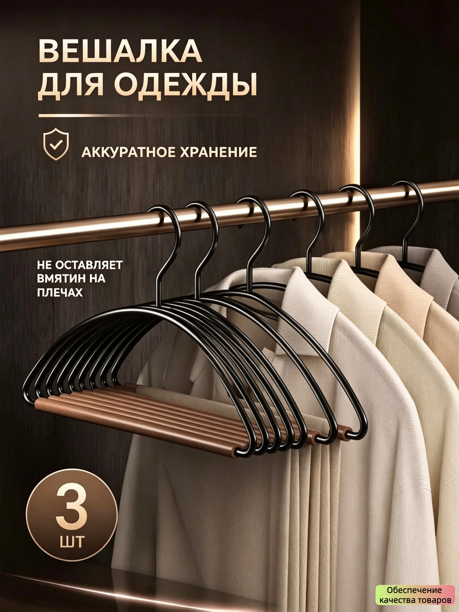 Вешалка плечики, 42 x 21,5 см, 3 шт, дерево черный, Легкая роскошь