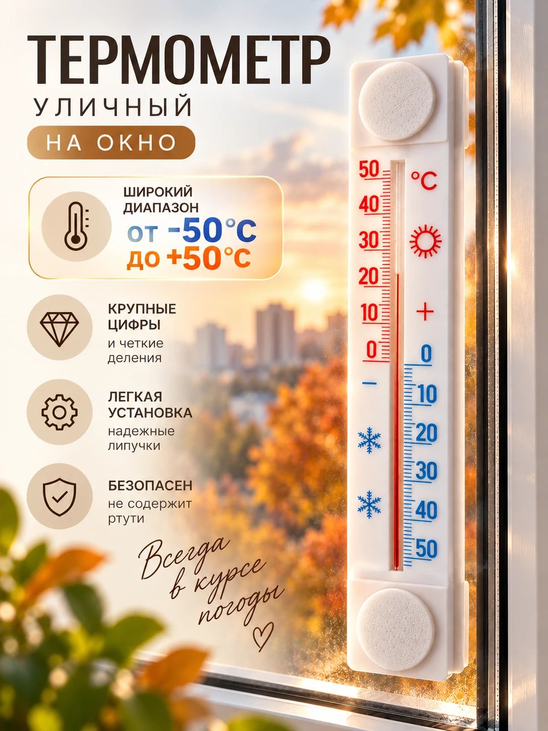 Термометр уличный на окно на липучках / Градусник оконный без ртути
