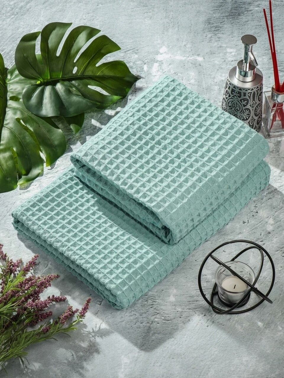 Полотенце банное вафельное Silvano 100х150 см, 100% хлопок, мятное, плотность 290 г/м2, модель Лайт, Узбекистан