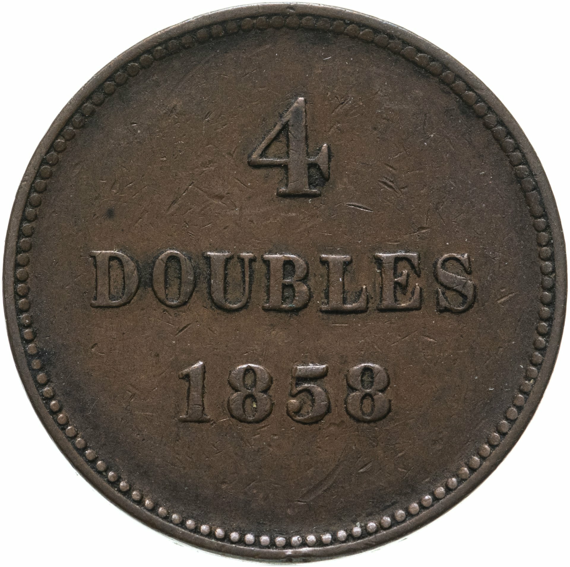 Гернси 4 дубля doubles 1858, Медь, в сохранности XF