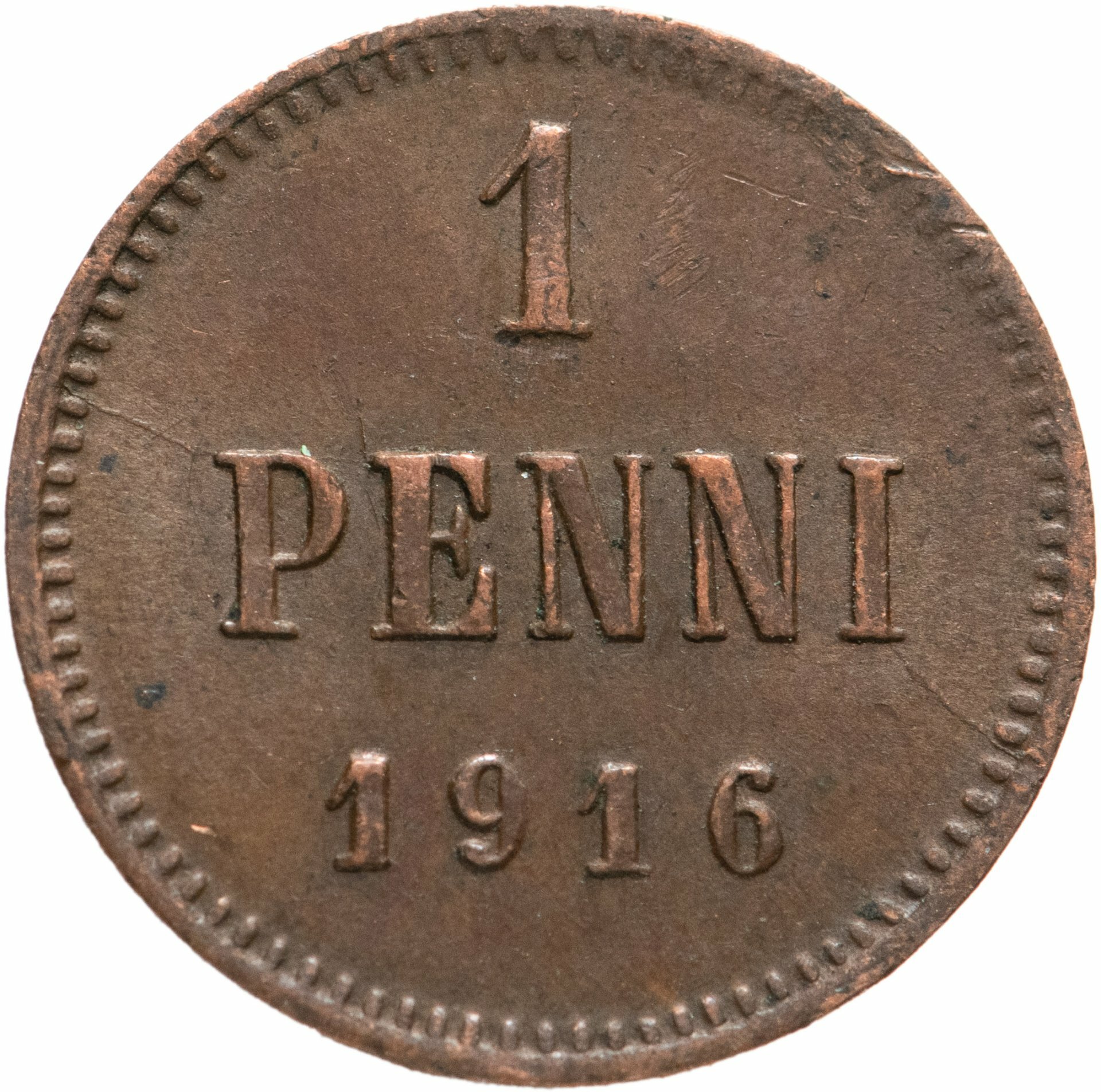 1 пенни penny 1916 Российская Финляндия, Медь, в сохранности VF-XF