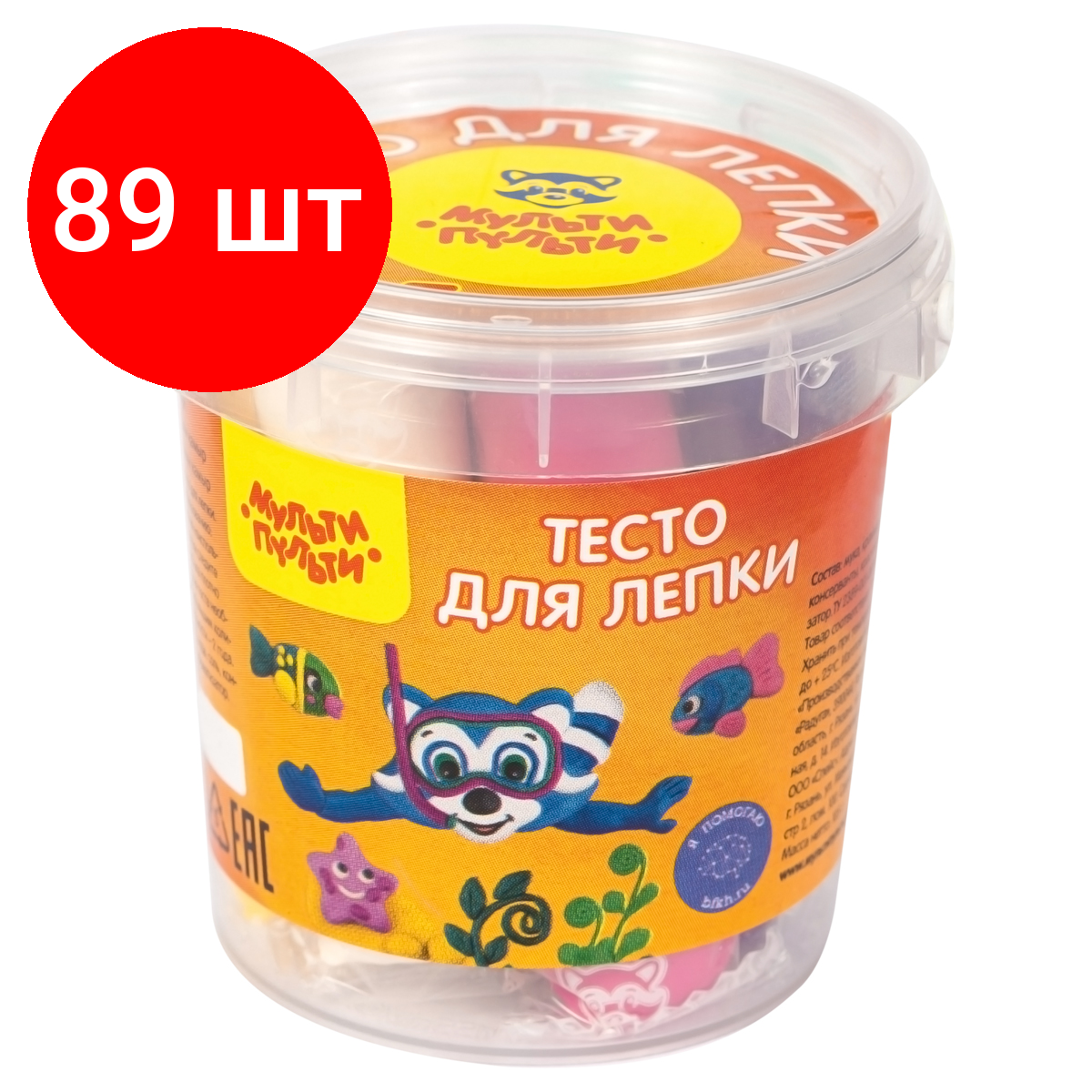 Комплект 89 шт, Тесто для лепки Мульти-Пульти "Приключения Енота", 07 цветов*15г, пластиковое ведро