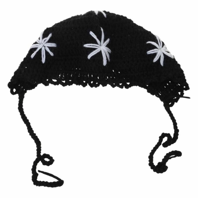 Вязаная кружевная шапочка для малышей с регулируемыми завязками, модная шапка с ушками, теплый и милый головной убор для девочек, - белые цветы черного цвета