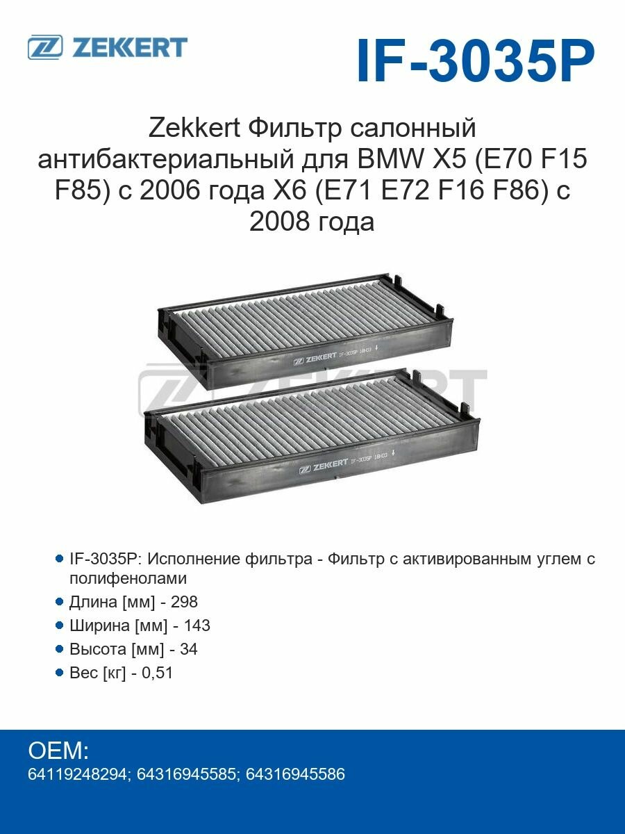 Zekkert Фильтр салонный антибактериальный для BMW X5 (E70 F15 F85) с 2006 года X6 (E71 E72 F16 F86) с 2008 года