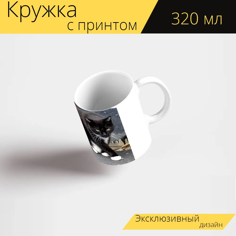 Кружка с рисунком, принтом "Черный и белый кот Черно-белая кошка 070719 кошка коты котенок котята кошачий кошачьих животное животные Китти черный белый" 320 мл.