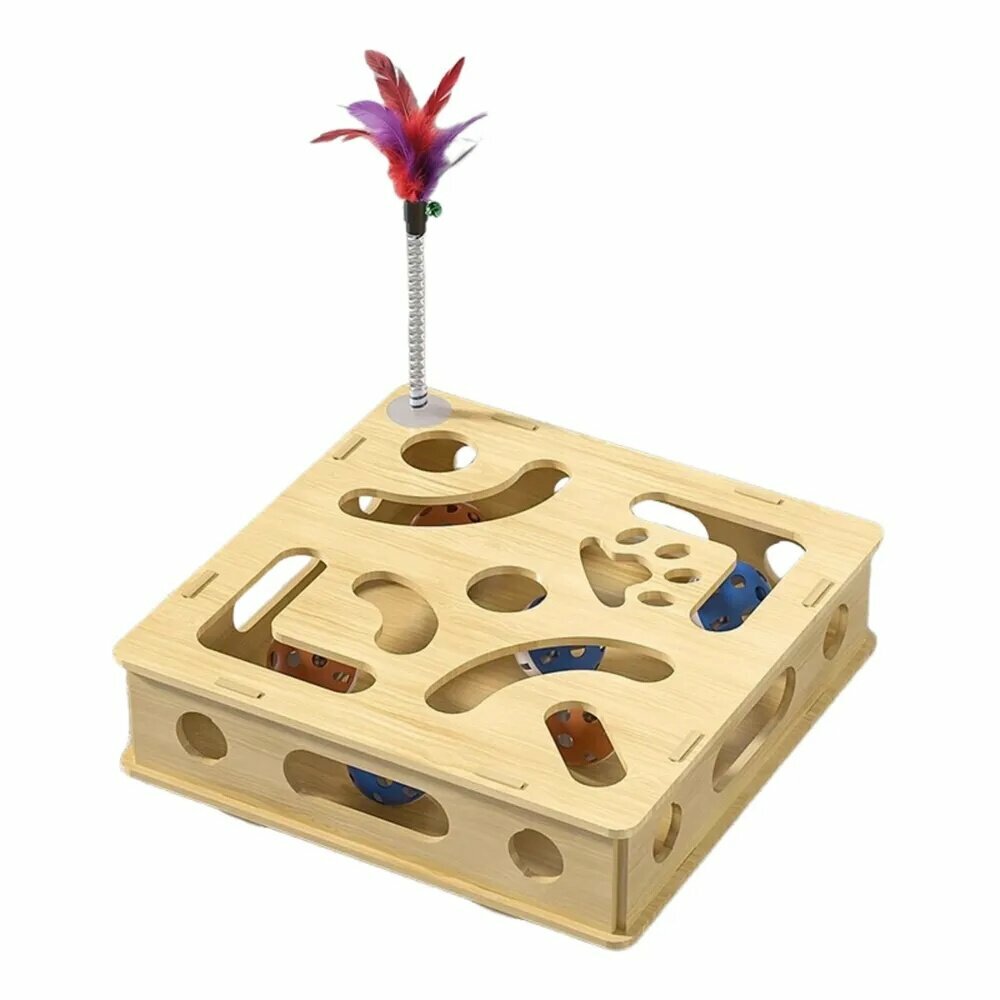 Игрушка для котов "Лабиринтный пазл", игровой ящик с колокольчиками, 6 мячей и палкой