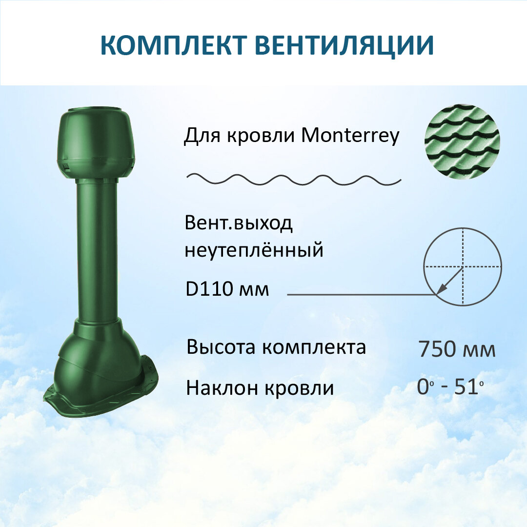 Комплект вентиляции: Вент. выход D110 H 500 мм, колпак D110, для металлочерепицы Monterrey, зеленый