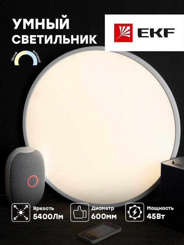 Умный потолочный светодиодный светильник EKF Connect, 45W, 60 см с Wi-Fi, Яндекс Алисой, Марусей, Салютом