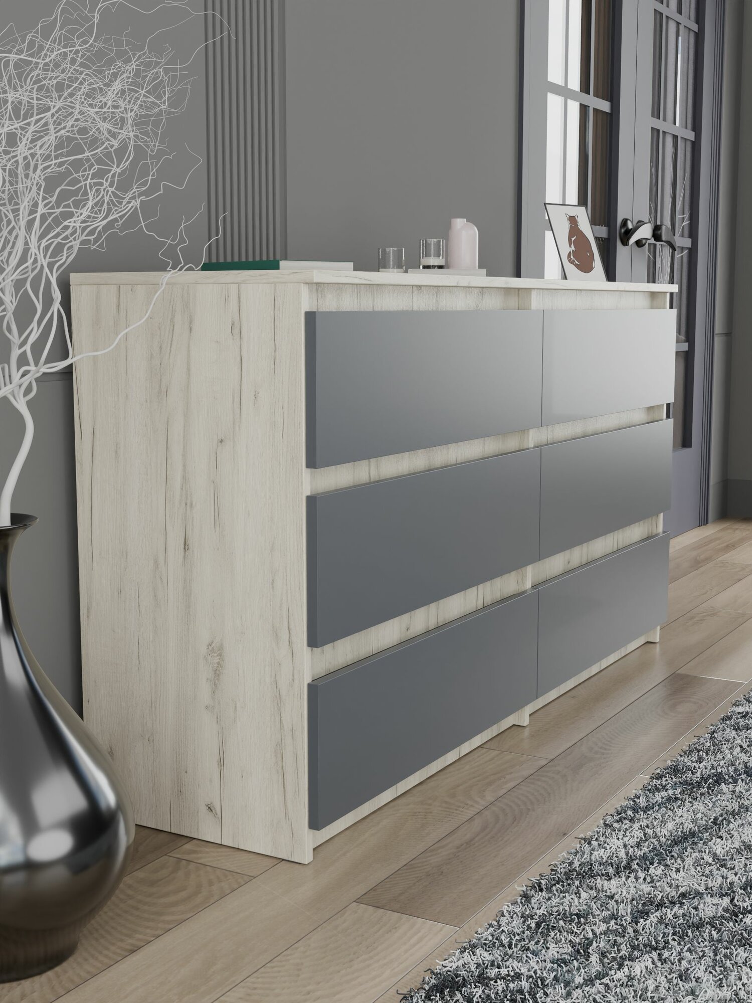 Комод для белья и одежды орлан 6 ящиков, 140х76.4х40 см, дуб крафт белый/графит