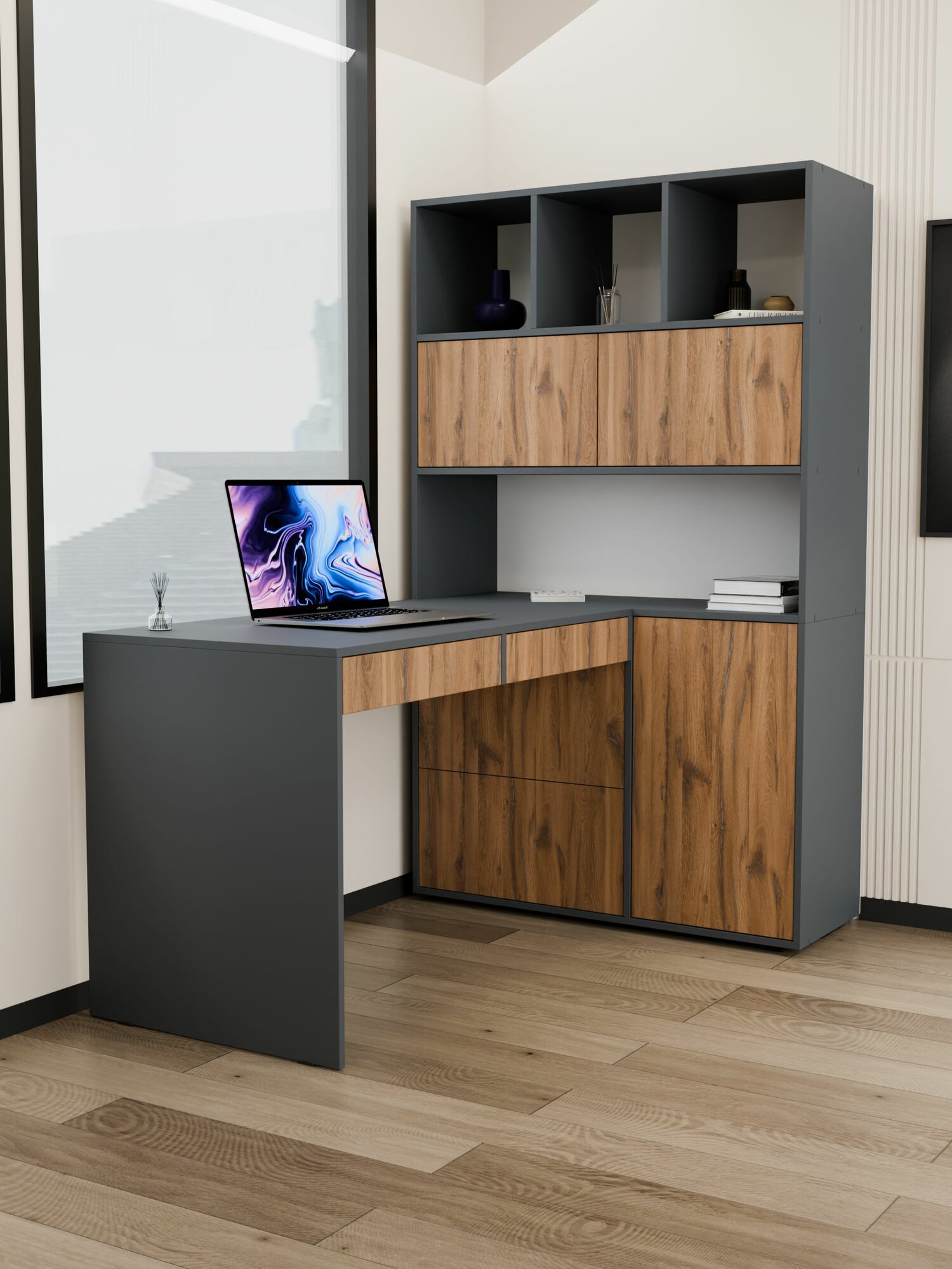 Изумлит Стол-шкаф письменный угловой для учебы и работы, шкаф справа 168х100х147.6 см, графит-дуб крафт табачный