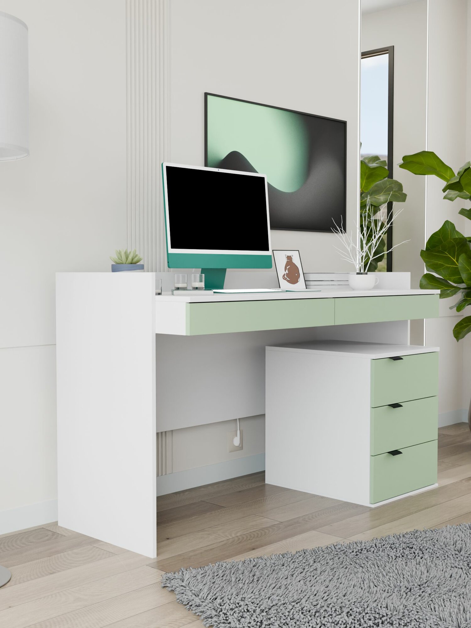 Изумлит Стол компьютерный для офиса и дома Бастион 140х87х64.5 см, корпус+столешница-белый/фасад-мятный