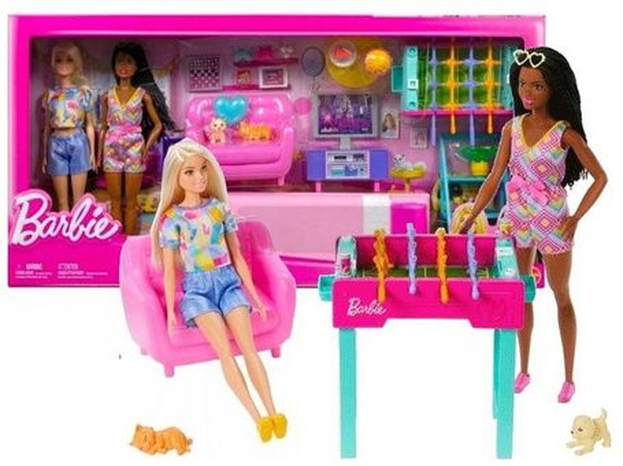 Большой набор для кукол Mattel Barbie - Барби, 2 куклы, игровая комната, собака, котенок + аксессуары - Барби HYT64