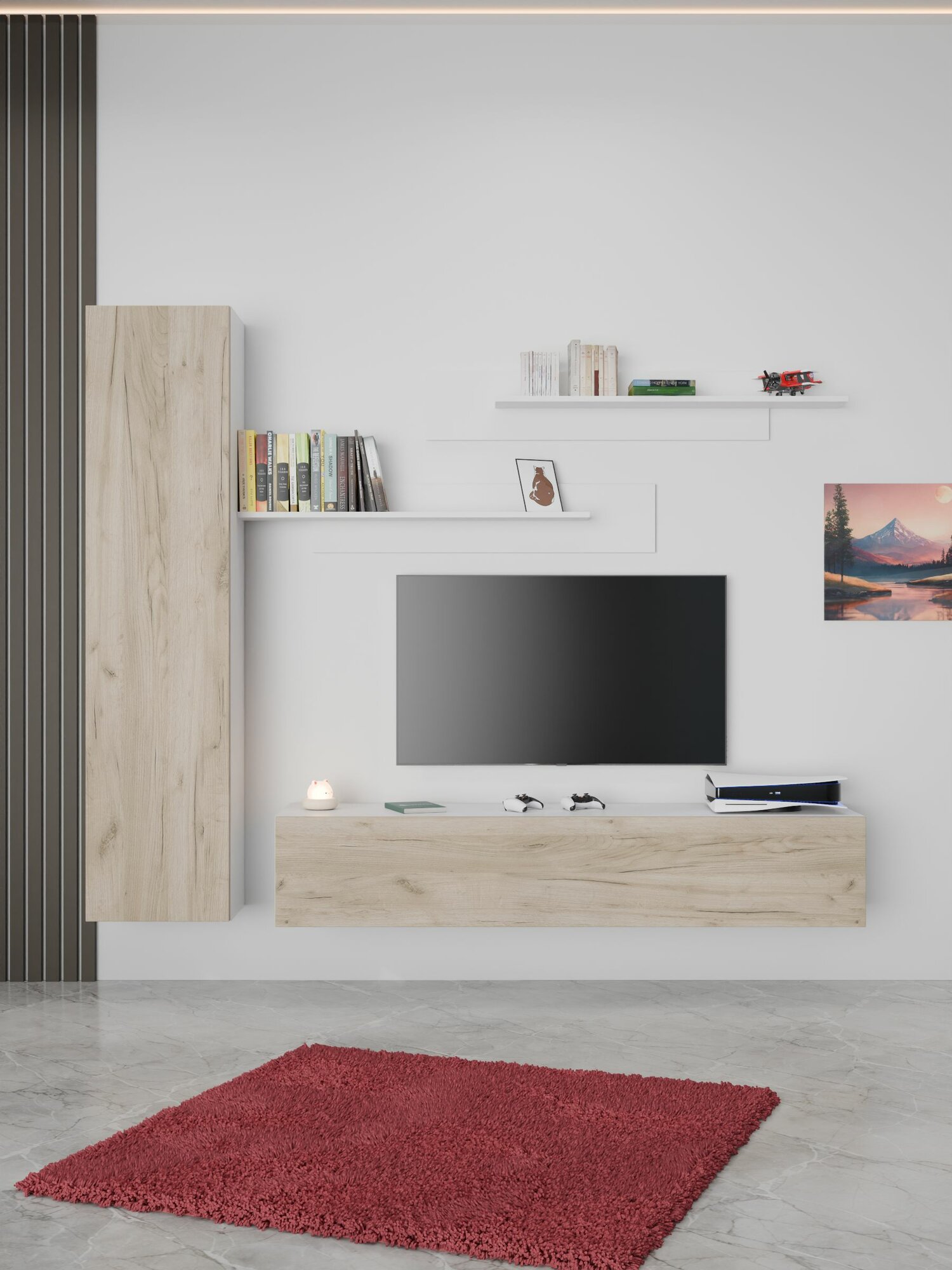 Стенка в гостиную, стенка для гостиной Флекс, подвесная 200х170х40 см (ШхВхГ), белый-дуб крафт серый