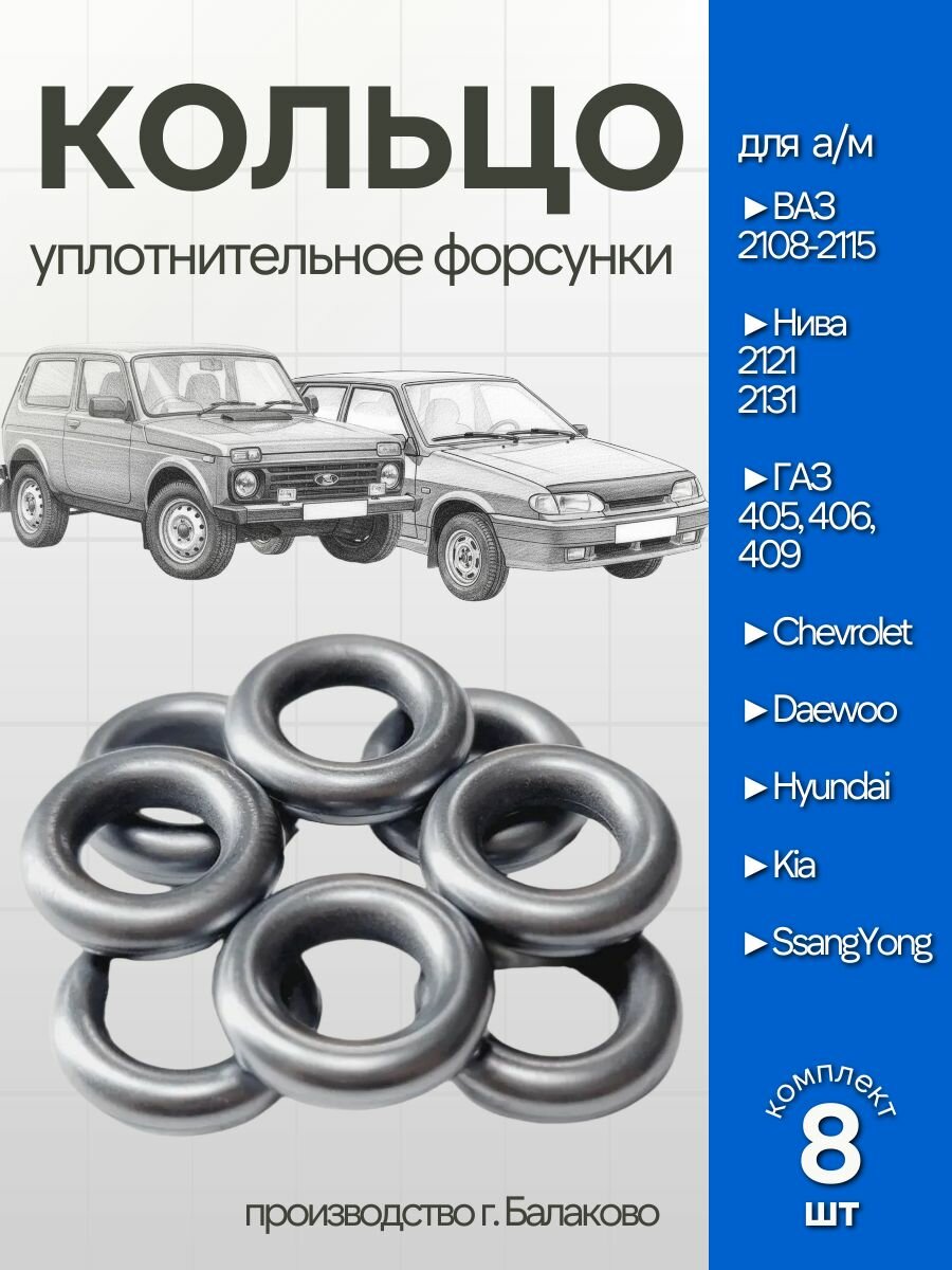 Кольцо уплотнительное форсунки (резина NBR) для а/м ВАЗ 2108-2115, Нива 2121, 2131, ГАЗ 405, 406, 409, Chevrolet, Daewoo, Hyundai / Балаково