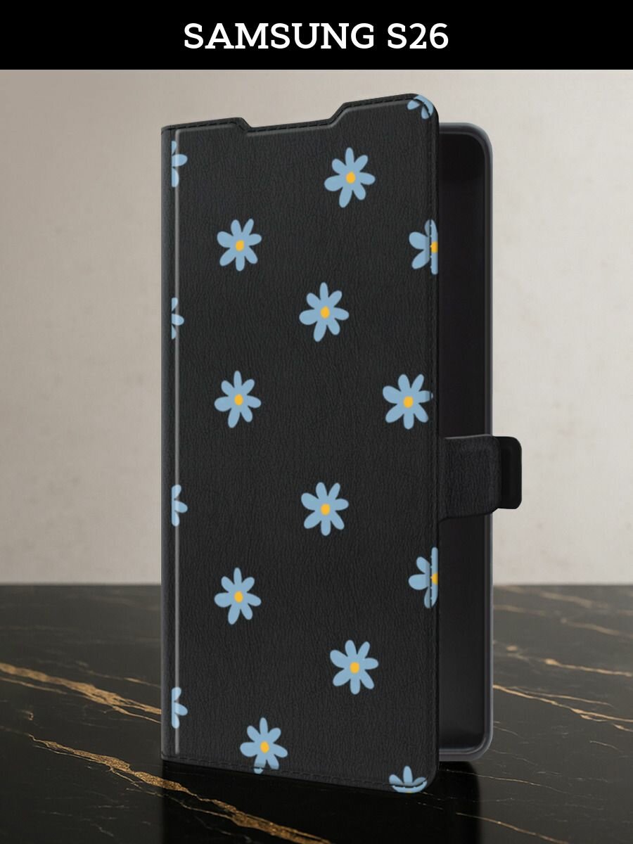 Чехол-книжка на Samsung Galaxy S26 / Самсунг Галакси S26 с принтом Голубые ромашки, черный