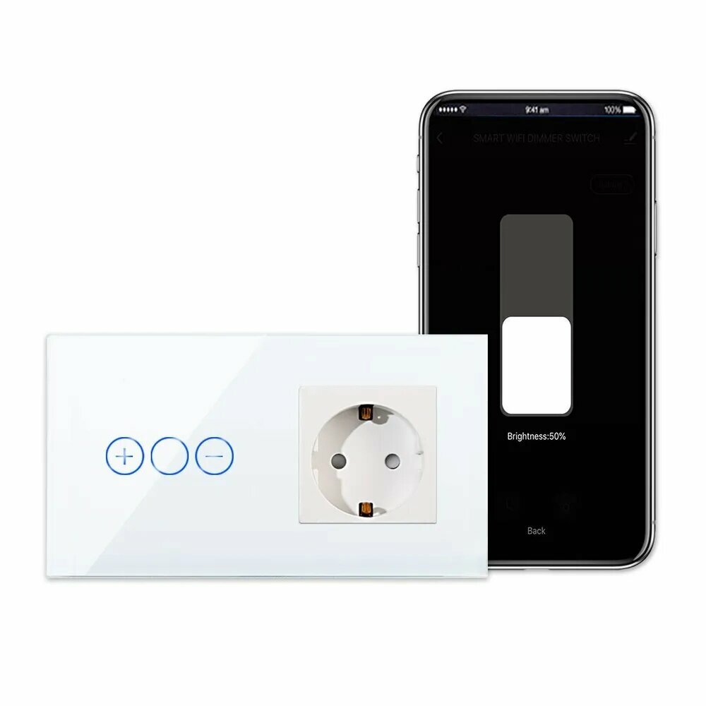 Умный диммер Выключатель с розетками,3 клавиши 1 розетка рамка стекло 157х86мм цвет белый.