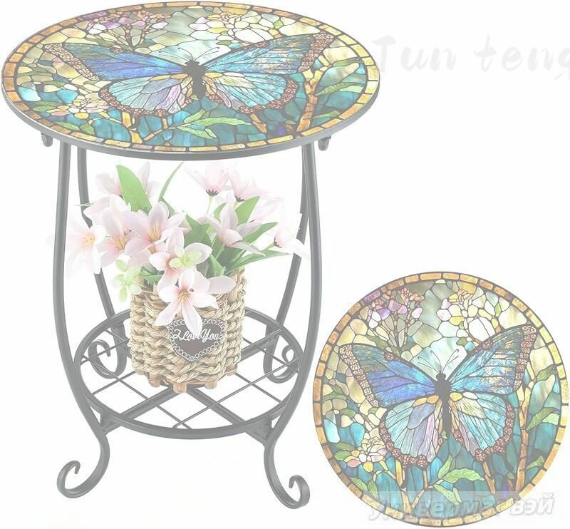 Садовый стол из металла с антикоррозийным покрытием, круглый двухъярусный столик для террасы, дома и сада