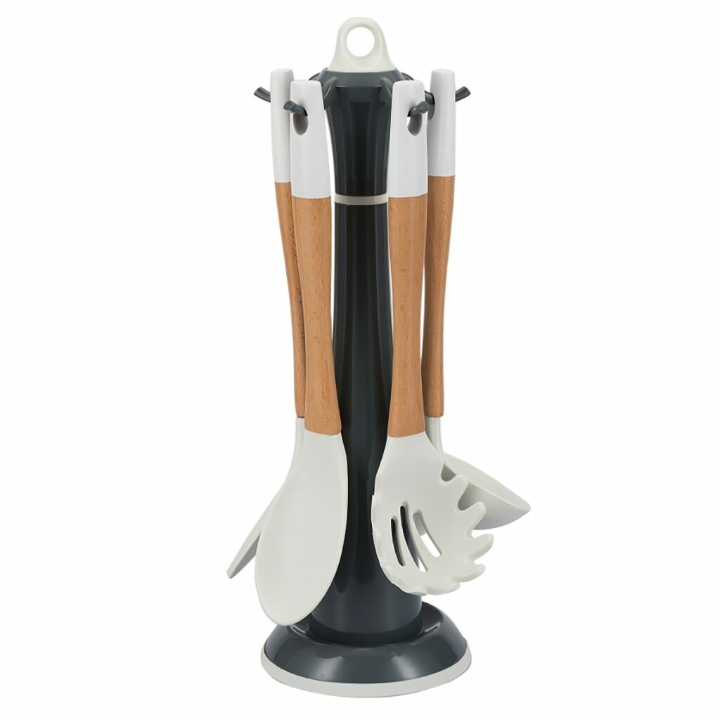 Кухонный набор КНР "Linea ALBERO", 6 предметов, сервировочная лопатка, сервировочная ложка, шумовка, лопатка для спагетти, половник для супа, пластиковая подставка, силикон-пластик (74-101)