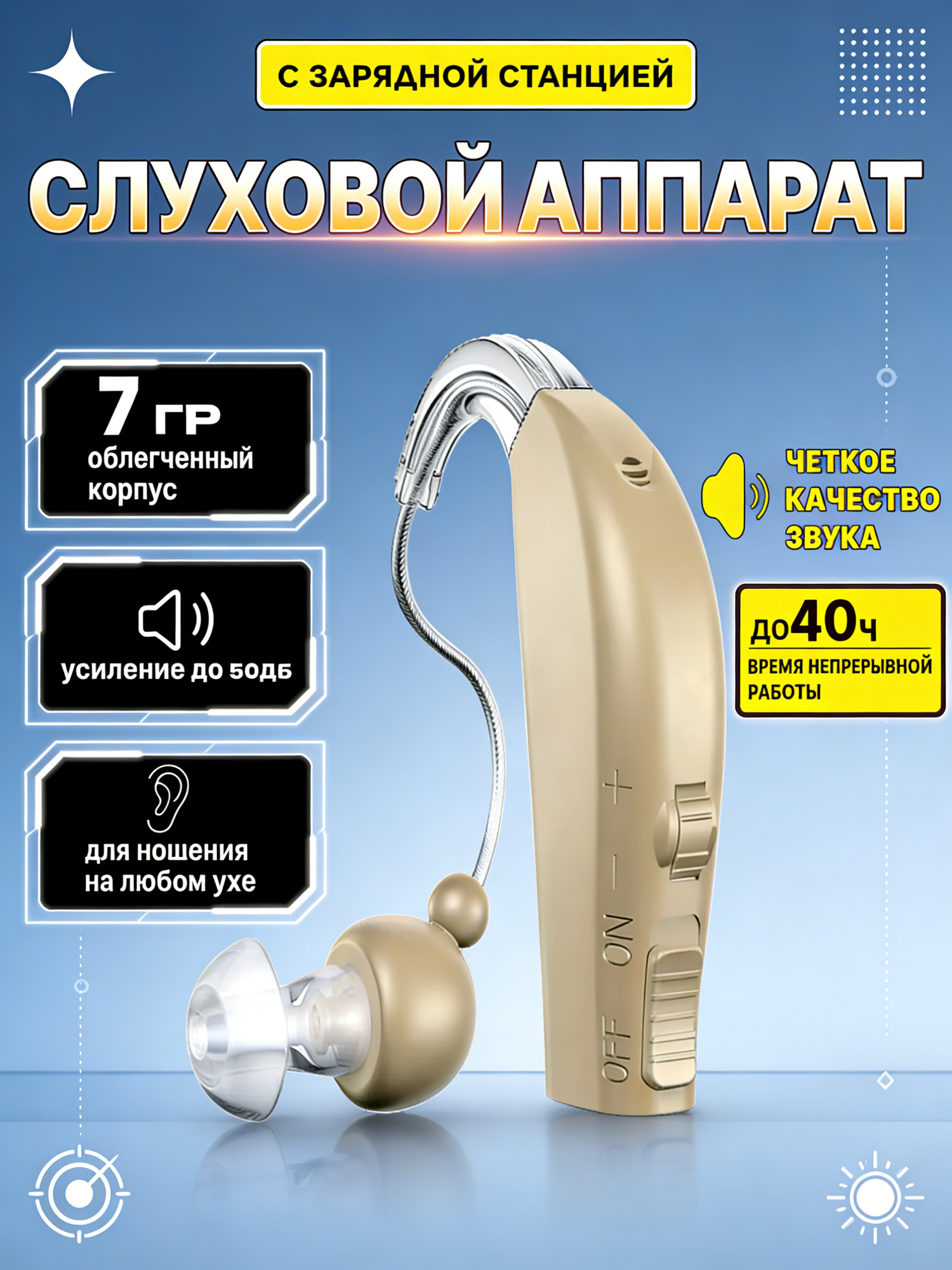 Слуховой аппарат, усиление звука до 30Х, влагозащита, мягкие амбушюры