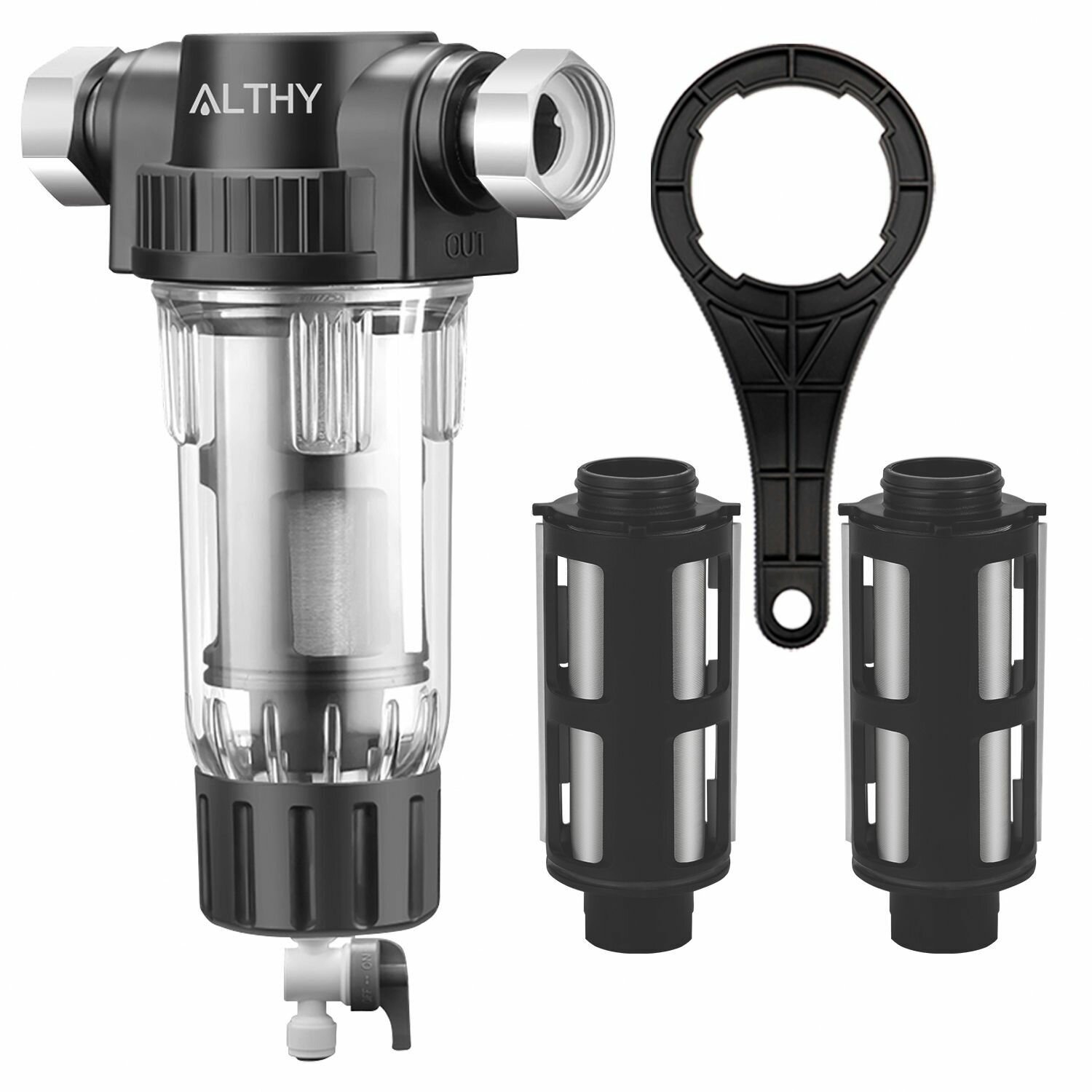 Самопромывной фильтр / предфильтр, ALTHY PRE-1 40мкм Можно поворачивать для очистки Фильтр сетчатый, +2 дополнительных сменных, 1/2" + 3/4"