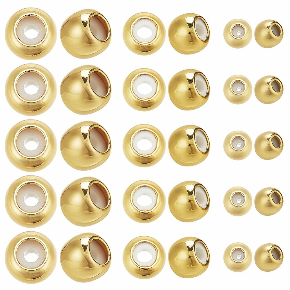 15 шт. 3 стилей латунных бусин с резиновыми внутренними бусинами-слайдерами, долговечные, круглые, с покрытием из настоящего 18-каратного золота