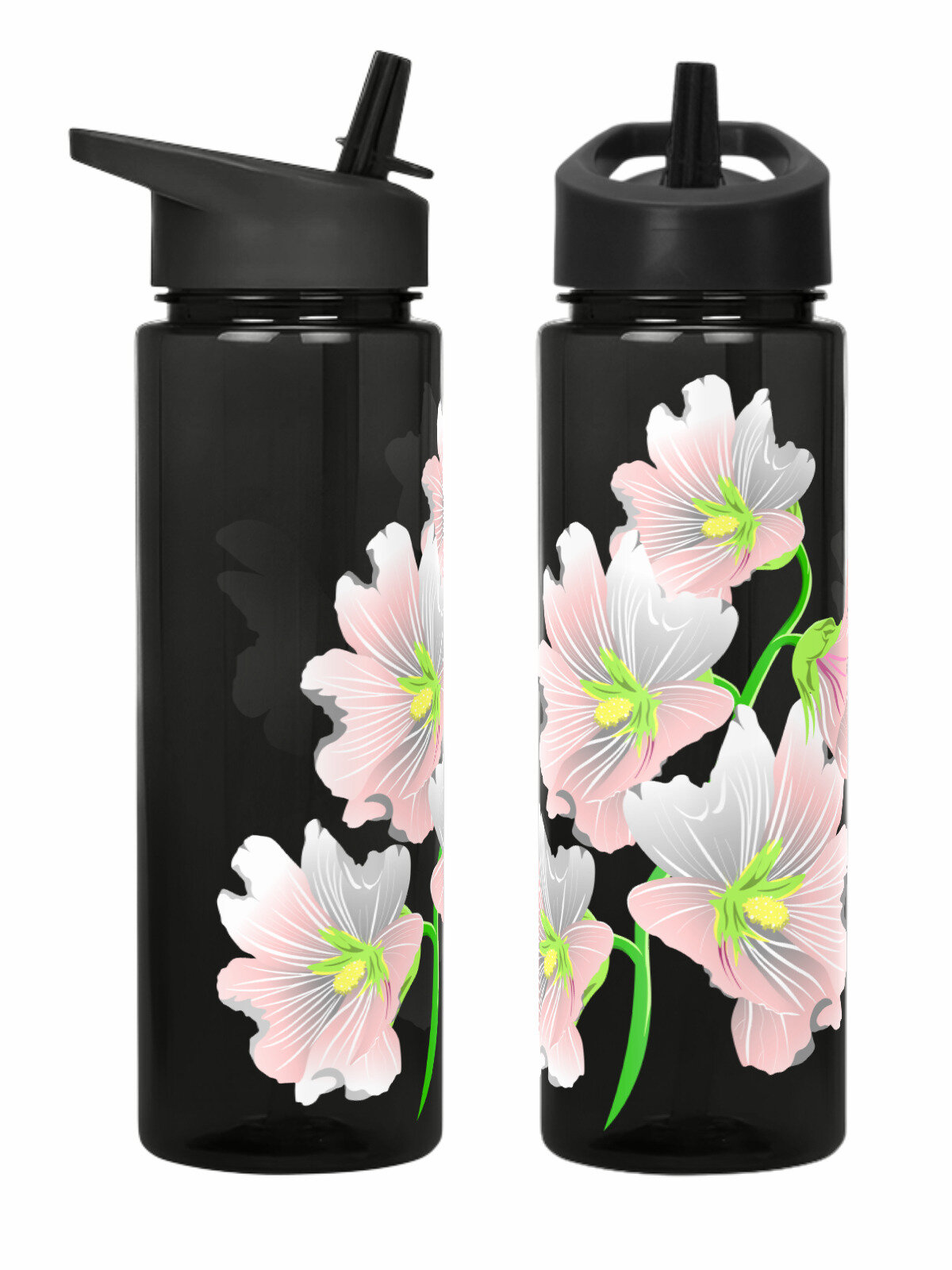 Бутылка черная для воды с принтом Цветы летние Мальва белая