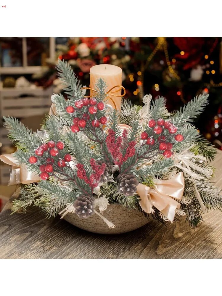 Искусственные цветы, 1шт, Красные ягоды, сосновые шишки, ветки ели, свеча, пластик, 25 см