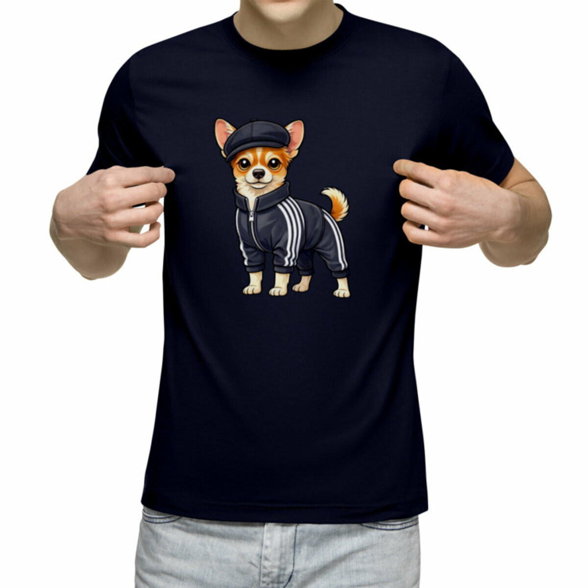 Мужская футболка «Милый чихуахуа спортсмен в кепке» (темно-синий, 2XL)