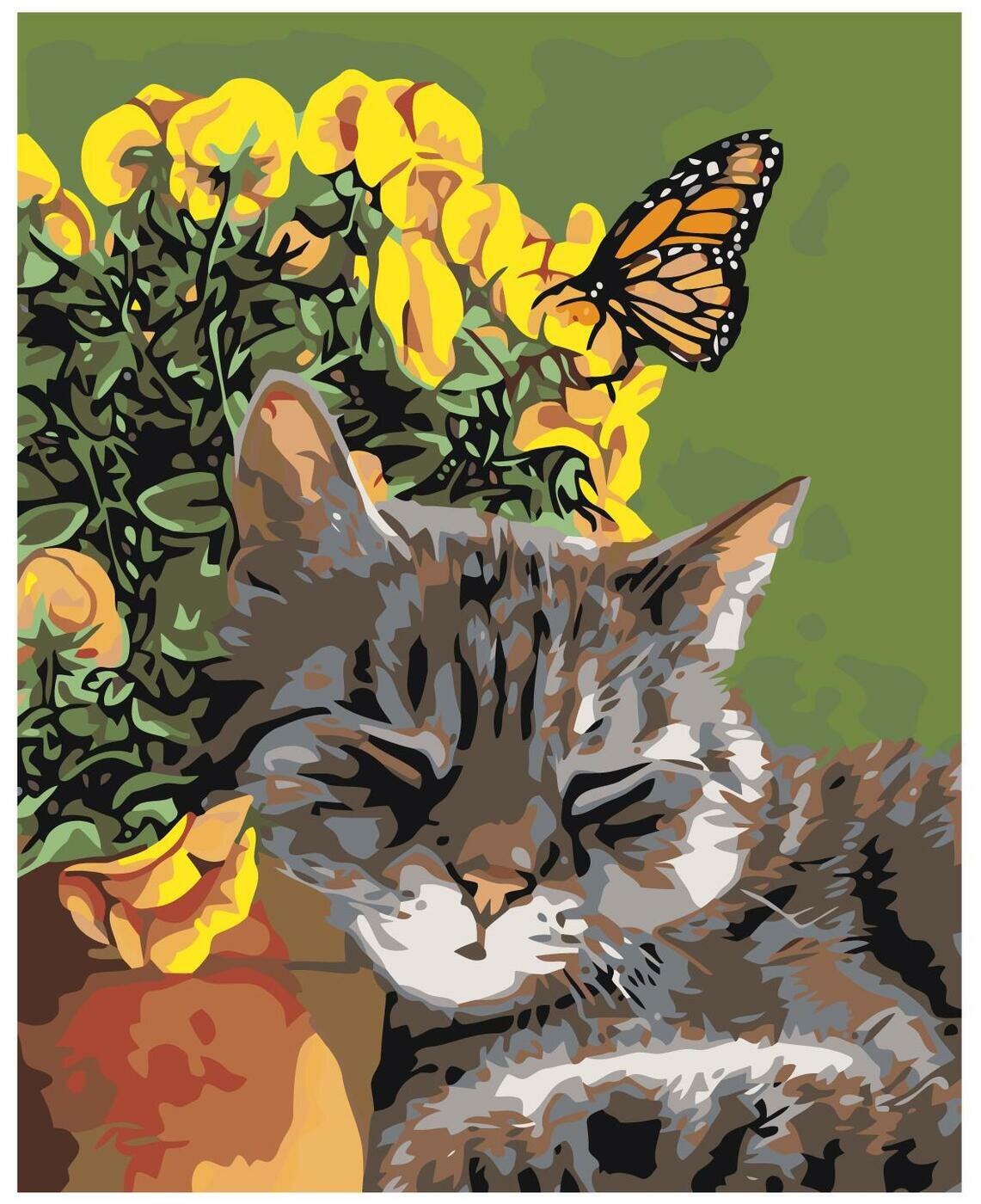 Картина по номерам, 40 x 50, A126, котёнок, кот, животное, сон, бабочка, цветы, жёлтый
