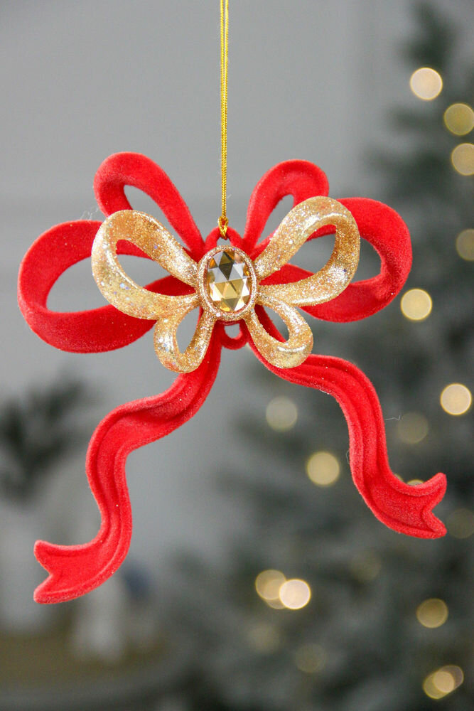 Акриловая ёлочная игрушка бант-желание, красный с золотым, 13 см, Forest Market 210757