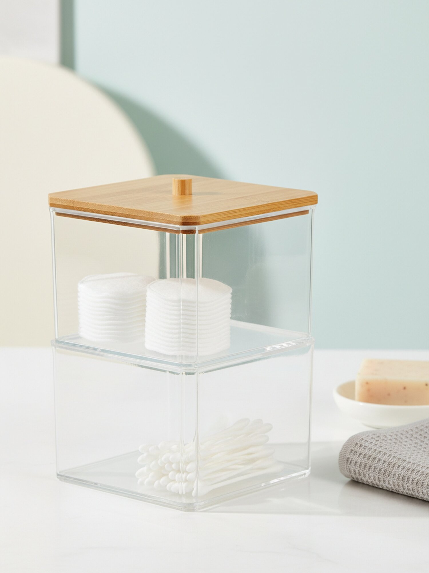 Двойной прозрачный контейнер для ватных дисков и палочек с бамбуковой крышкой, органайзер в ванную комнату Y4-11325