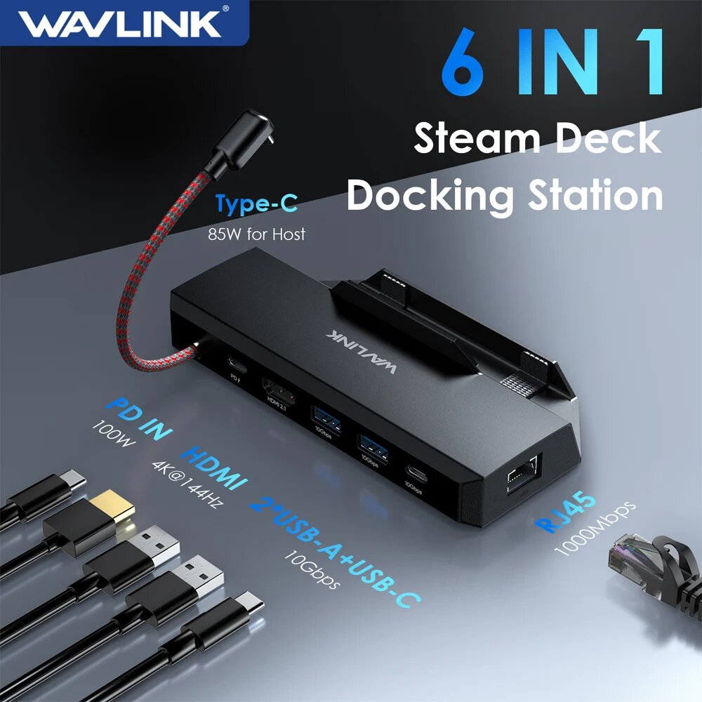Док-станция WAVLINK Steam Deck/ROG Док-станция 6-в-1, аксессуары для паровой док-станции с 4K @ 144 Гц/2K @ 165 Гц/1080 P @ 240 Гц HDMI 2,0 PD85W RJ45