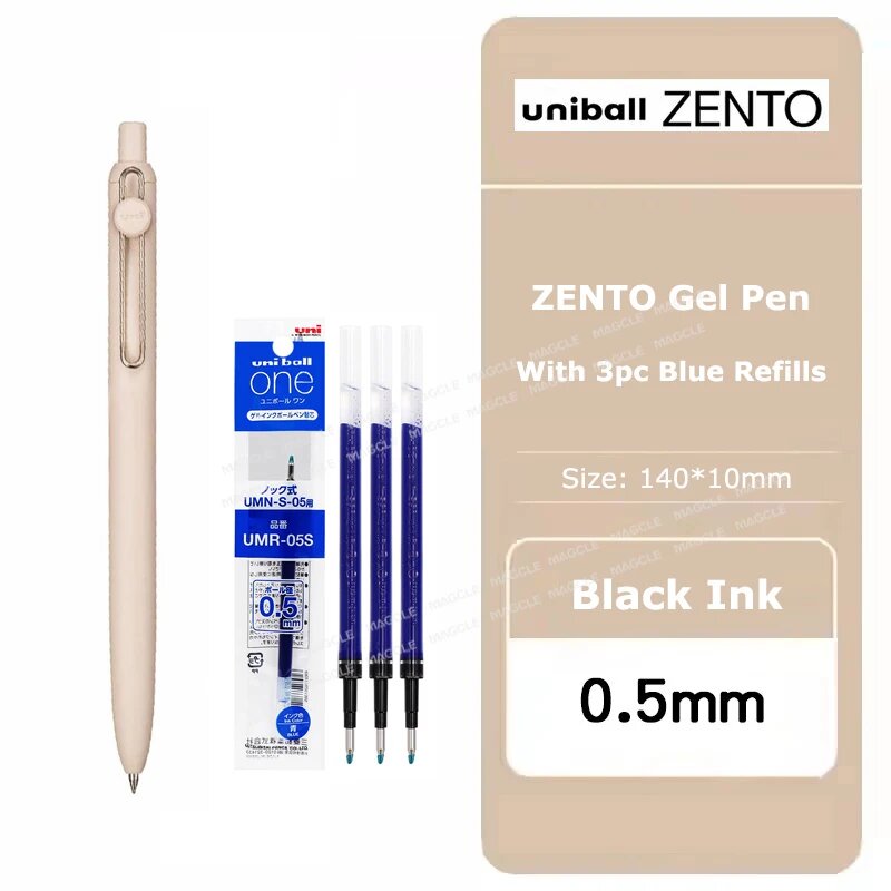 Uniball Zento гелевая ручка 0.5mm, черная, 3 синих сменных стержня