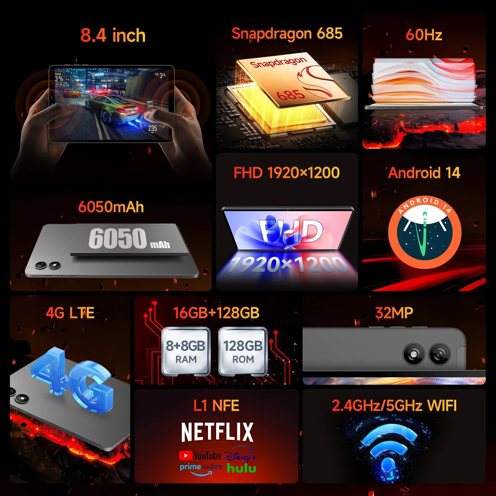 BNCF BPad Mini 8,4-дюймовый планшет Snapdragon SMD685 Android14 (8+8) ГБ ОЗУ+128 ГБ ПЗУ 6050 мАч Аккумулятор 4G LTE Widevine L1 2K IPS Tab — фото 1