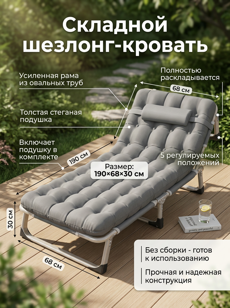 Раскладушка , Удобная практичная компактная раскладушка 68х193х28 см