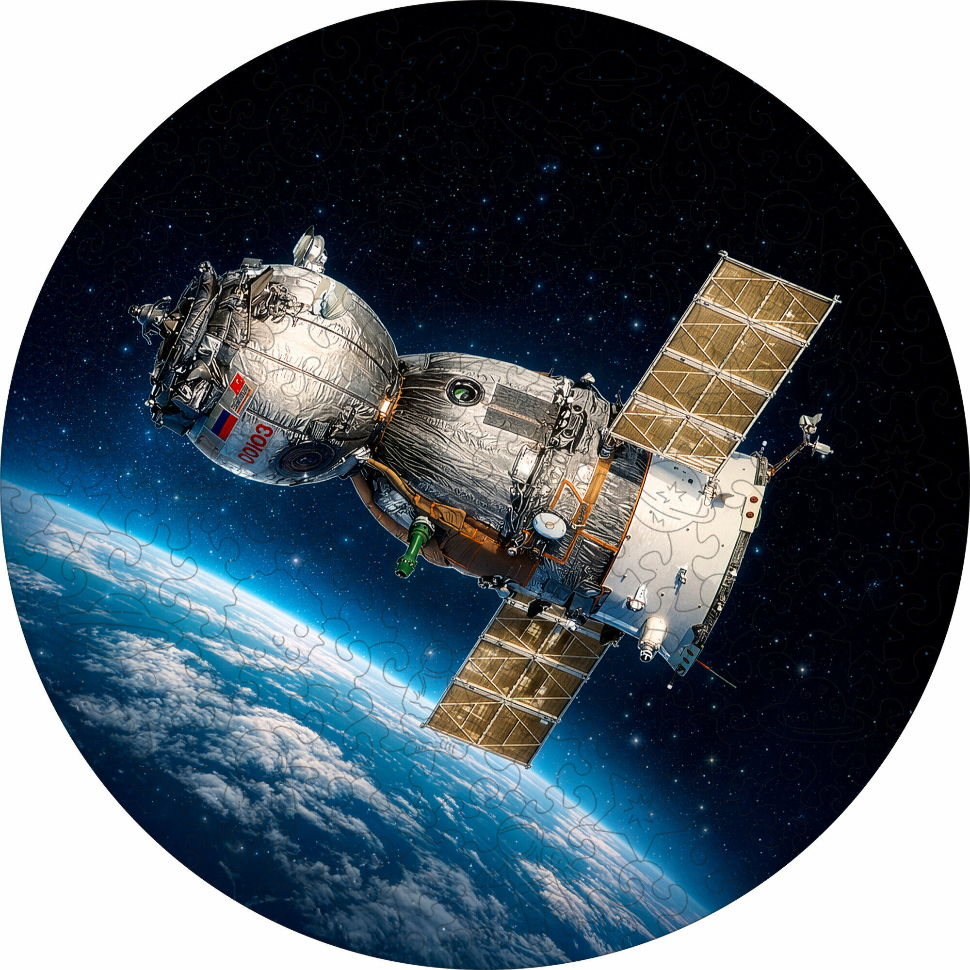 Деревянный пазл "Космический корабль Союз" коллекции "Космос" / 30х30см, 195 деталей / Подарок для взрослых и детей