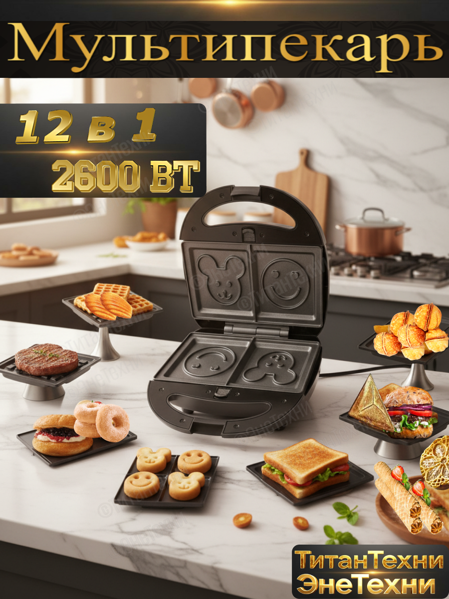 Мультипекарь 12 в 1, 2600Вт, сменные панели: венские вафли, пончики, орешки, сэндвичи, гриль, антипригарное покрытие