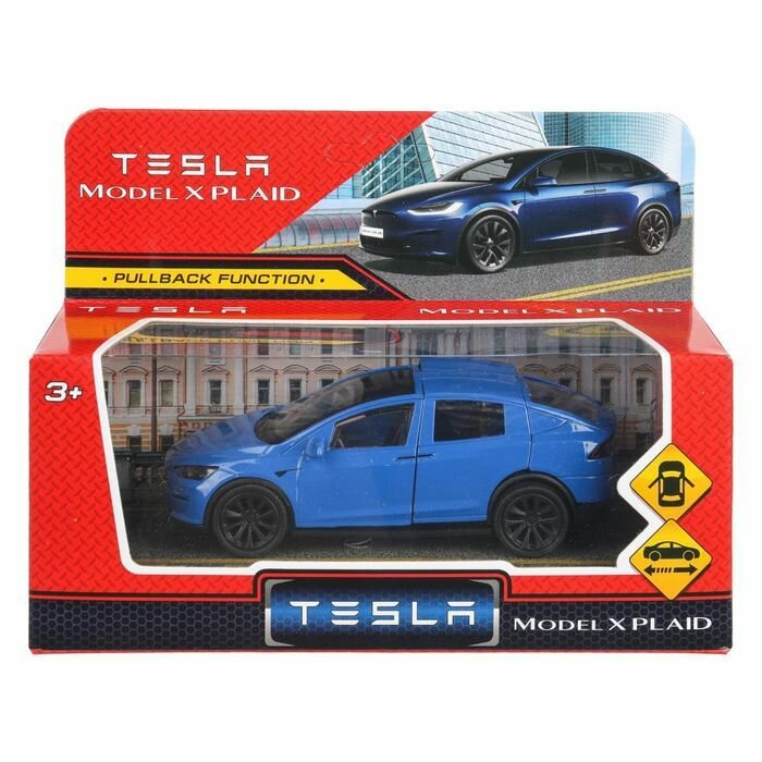 Машинка Huada Toys модель инерционная Tesla model x plaid 12 см, металл, открываются двери, синий, от 3 лет, MODELX-12-BU-WOD