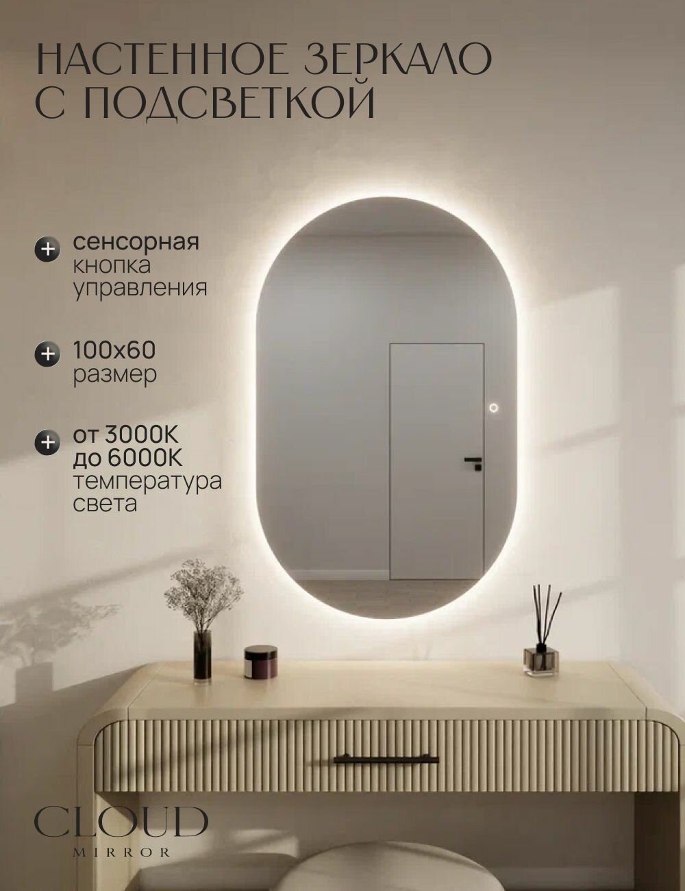 Зеркало 100х60 см. CLOUD MIRROR М6 настенное фигурное сенсорное