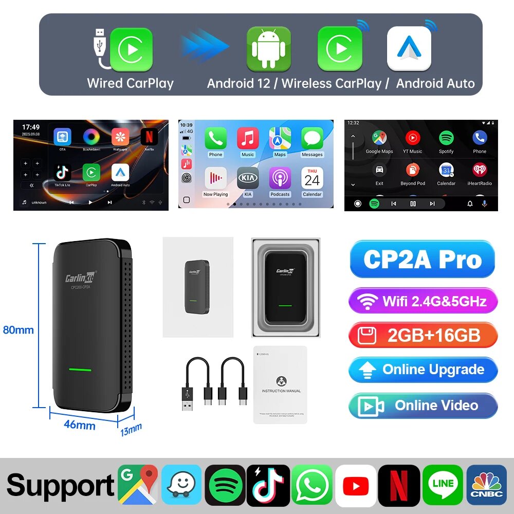 CarlinKit Android 12 Ai Smart Box Беспроводной адаптер CarPlay Android Auto Беспроводная коробка CarPlay для автомобильных интеллектуальных систем YouTube