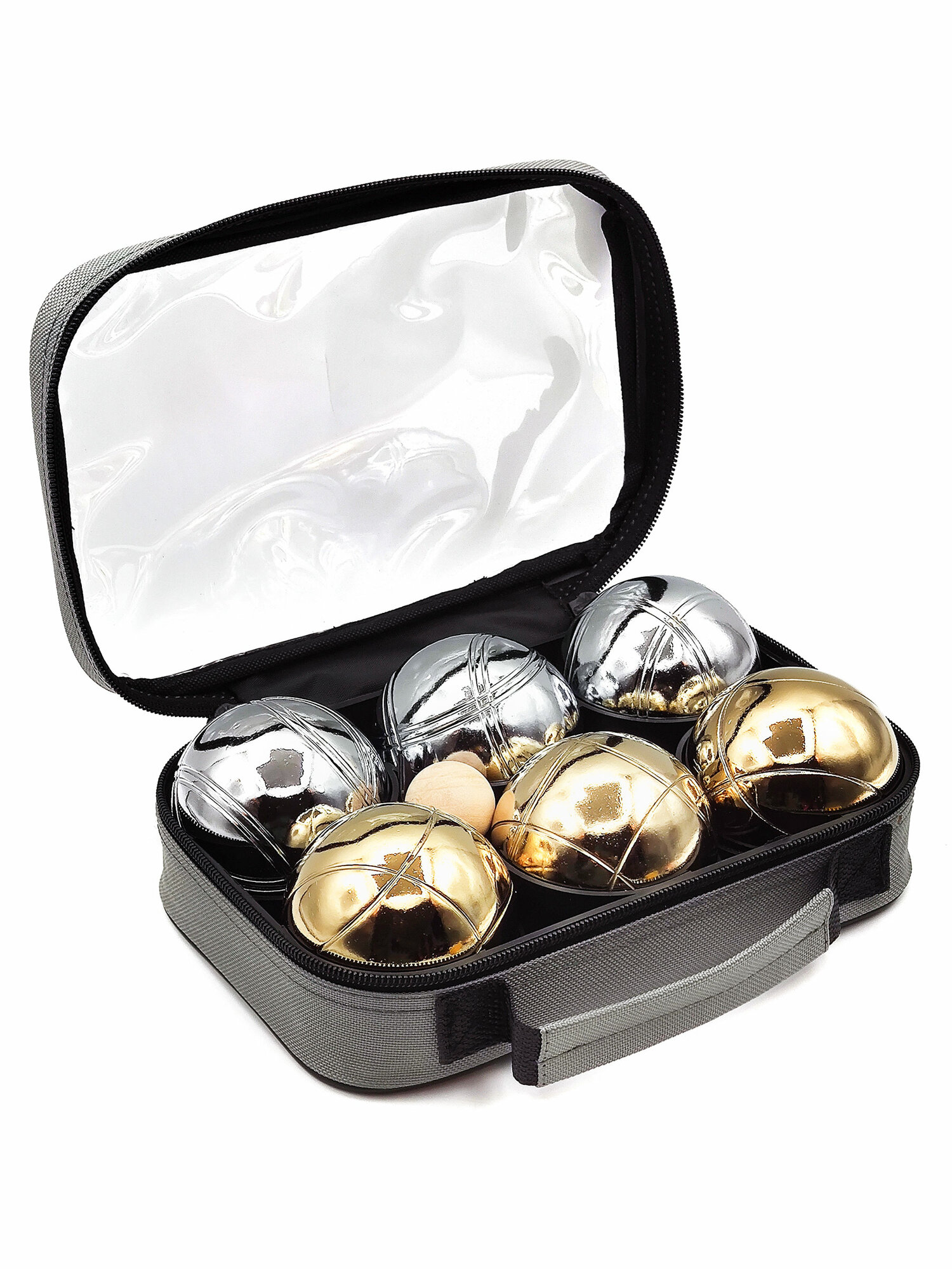 Петанк металлический Фабрика Игр спортивная игра для улицы Бочча, 6 шаров, глянцевые, серебряные, золотые, в сумке